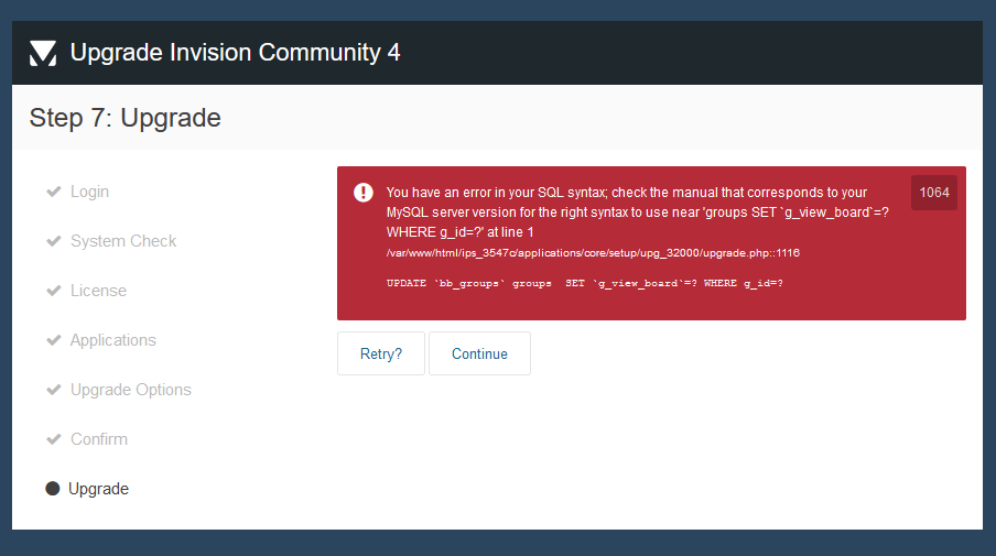 Upgrade: SQL Syntax error - Technical Problems - Invision Community